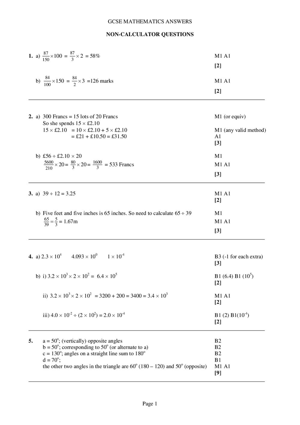 Non Calculator Answers Gcse Intermediate Maths Curriculum Press